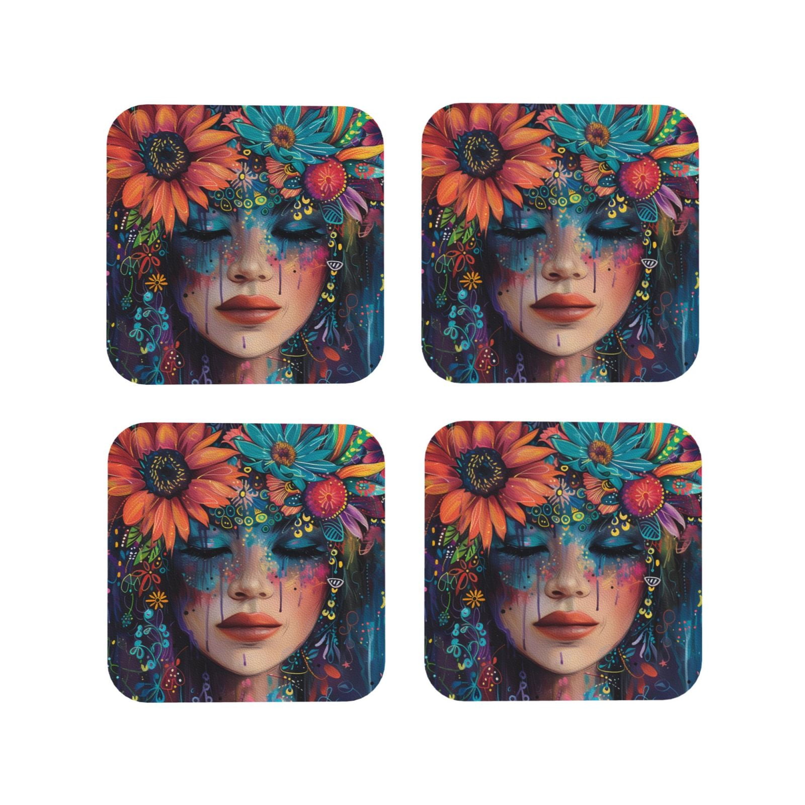 Coasters Set of 4 - Bohemian Colorful Flower Woman Drink Coasters for ...