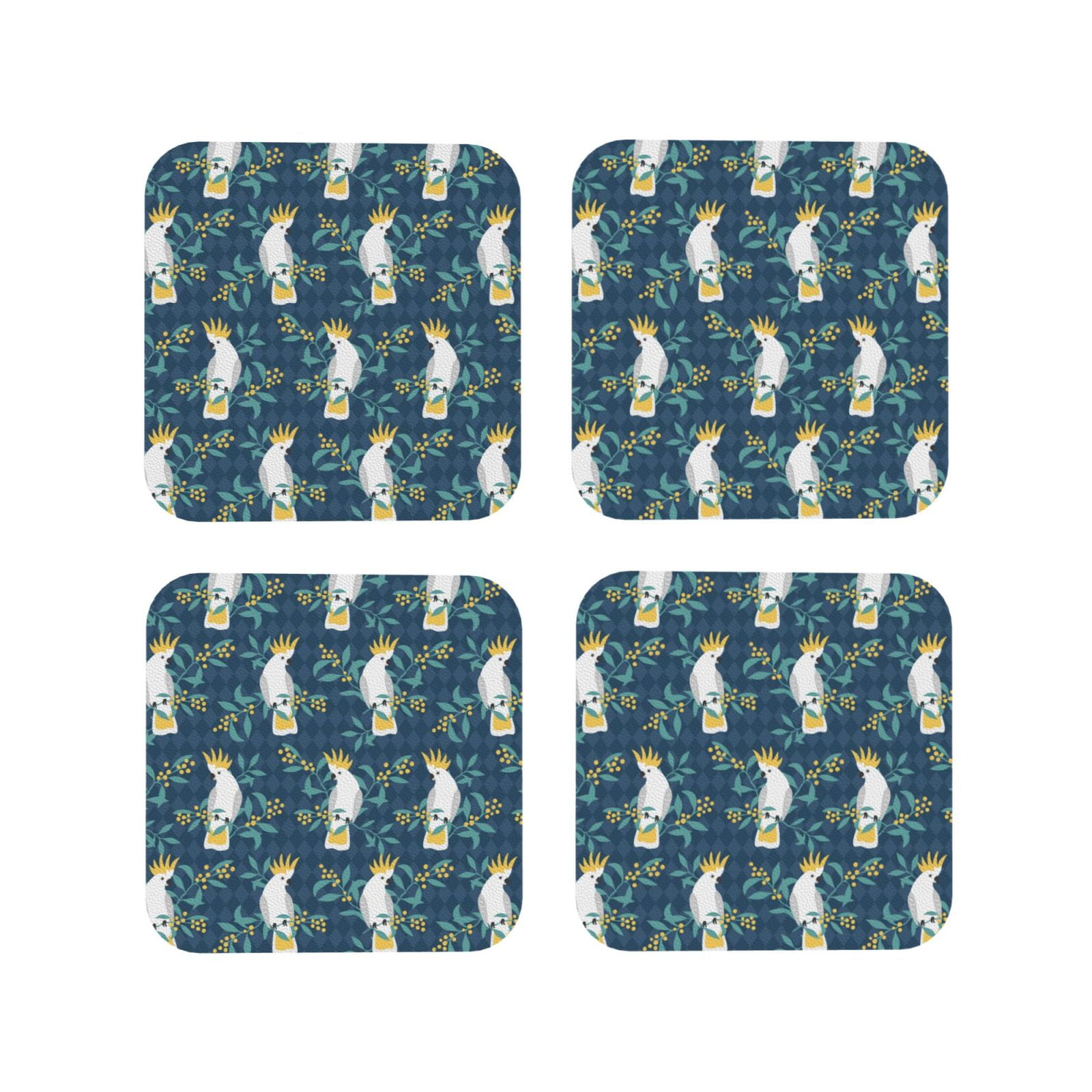 Coasters Set of 4 - Cartoon Cute Cockatoo Plant Drink Coasters for ...