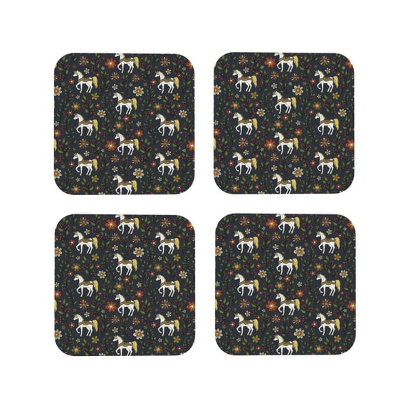 Coasters Set of 4 - Cartoon Cute White Horse Flower Drink Coasters for ...