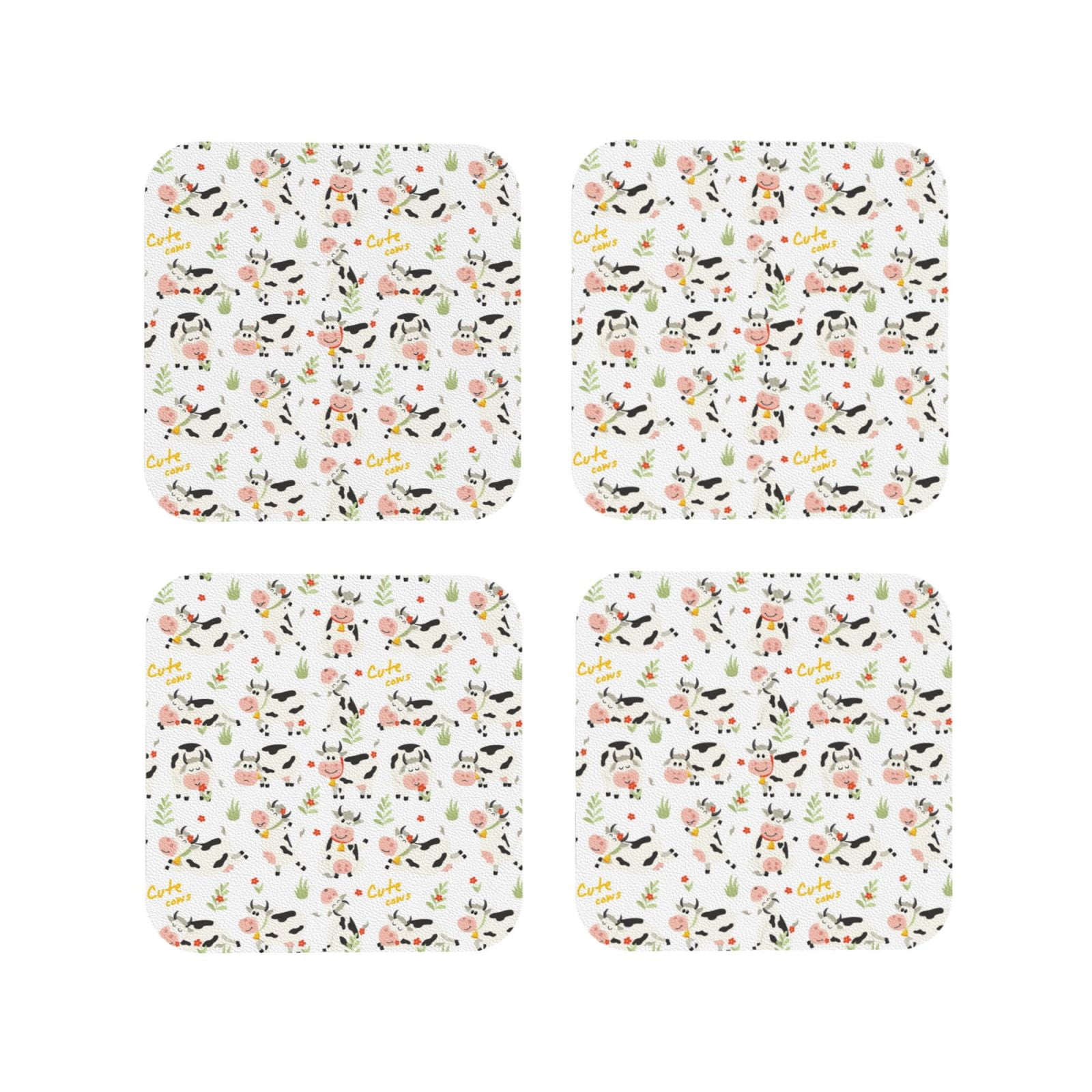 Coasters Set of 4 - Cartoon Funny Cute Cow Flower White Drink Coasters ...