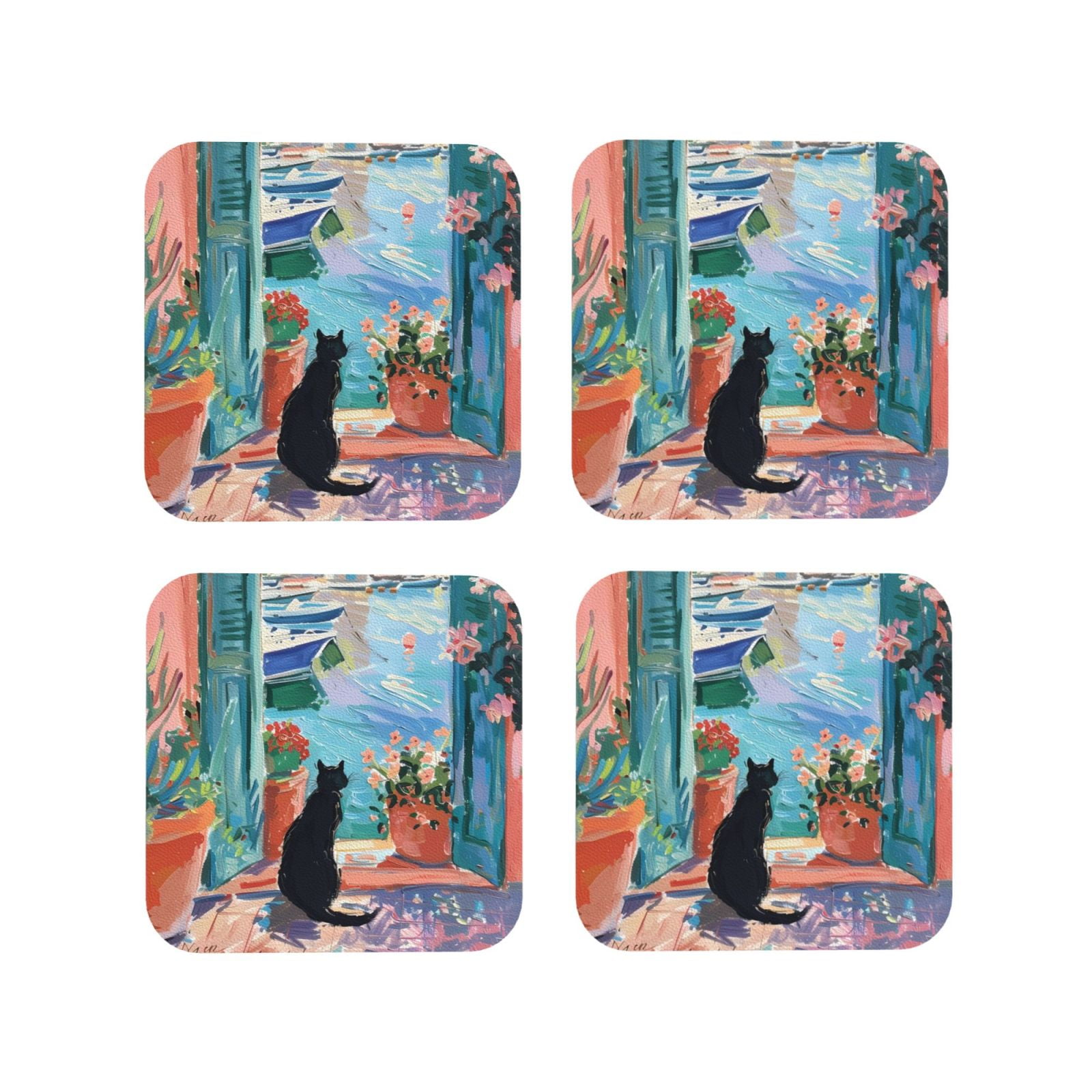 Coasters Set of 4 - Coastal Cat By The Window Drink Coasters for ...