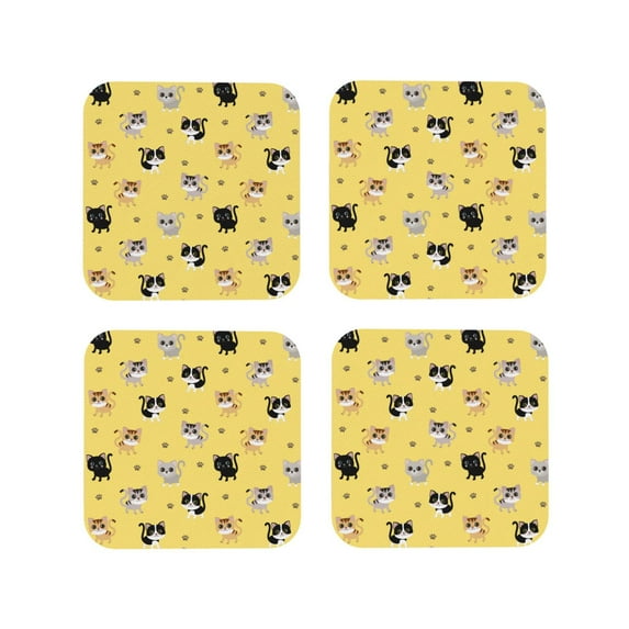Coasters Set of 4 - Cute Cat Cartoon Style Yellow Drink Coasters for ...