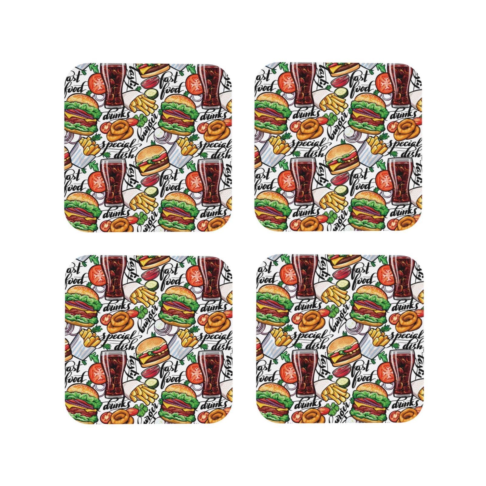 Coasters Set of 4 - Cute Food Tomato Cucumber Burger Drink Coasters for ...