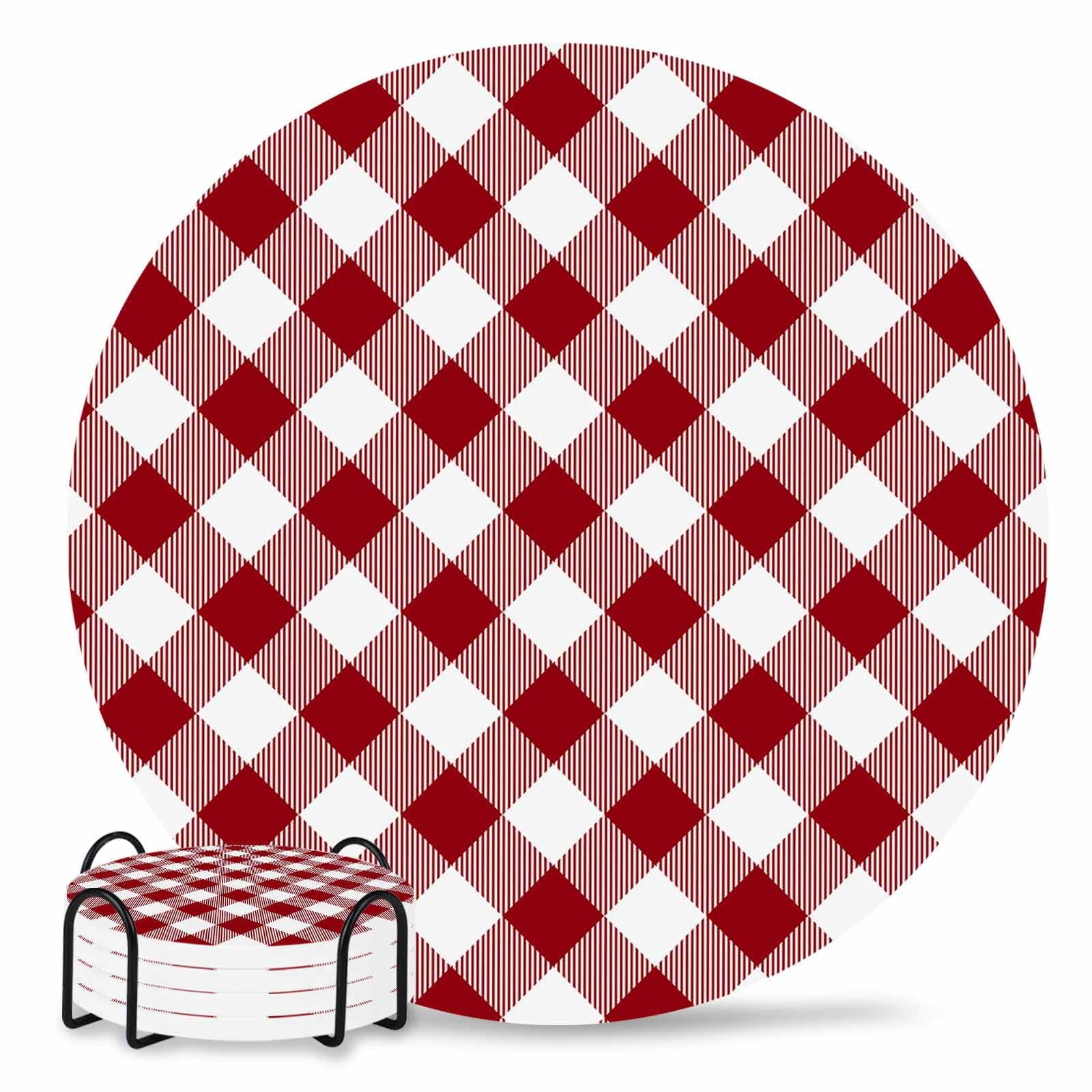 Coasters Set of 4 Dark Red Buffalo Check Plaid Drink Coasters with ...