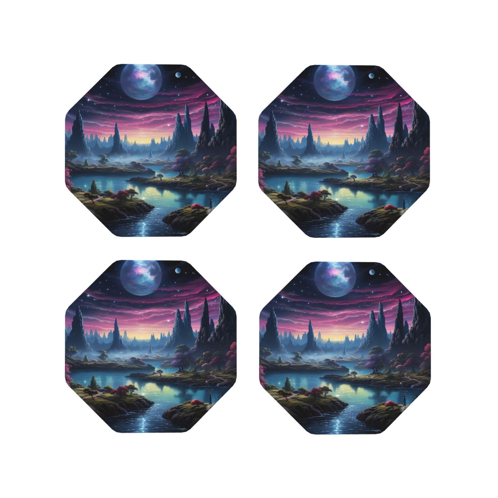 Coasters Set of 4 - Fantasy Landscape Starry Night Drink Coasters for ...
