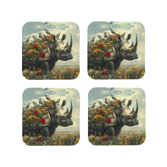 Coasters Set of 4 - Floral Rhino With Birds Drink Coasters for Tabletop ...