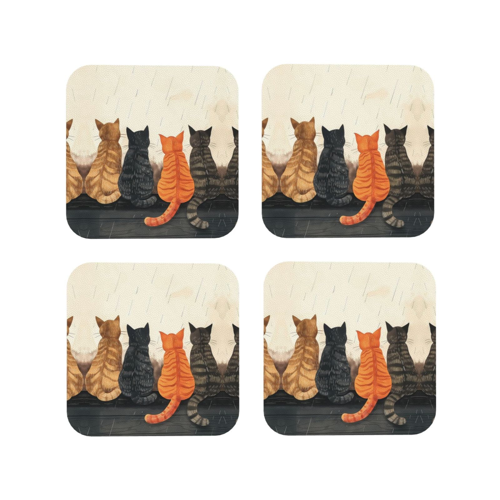 Coasters Set of 4 - Four Cats Watching Rain Drink Coasters for Tabletop ...
