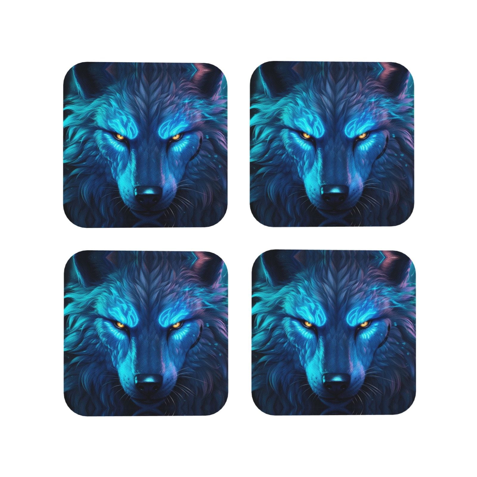 Coasters Set of 4 - Futuristic Blue Light Wolf Drink Coasters for ...
