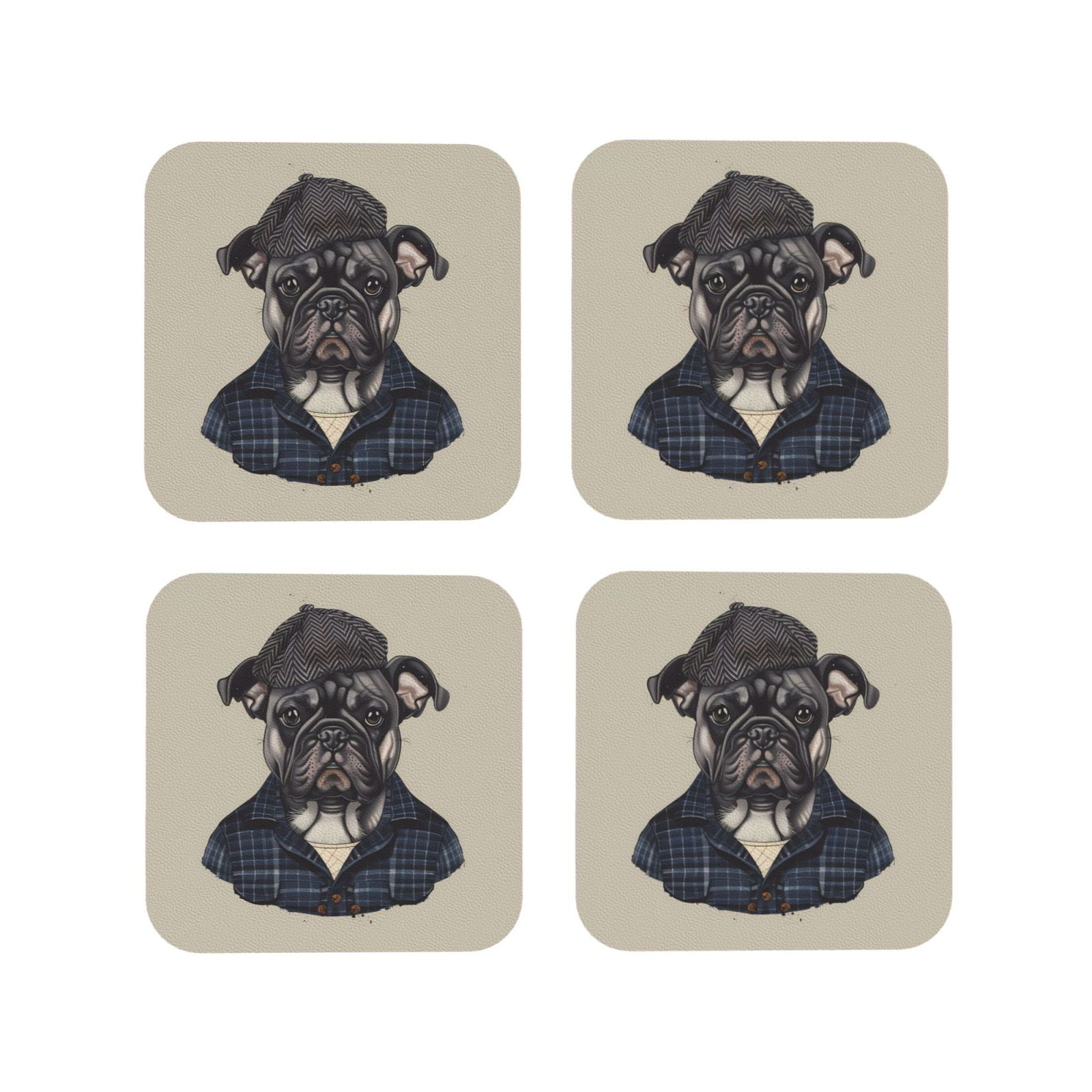 Coasters Set of 4 - Hipster Bulldog Illustration Drink Coasters for ...