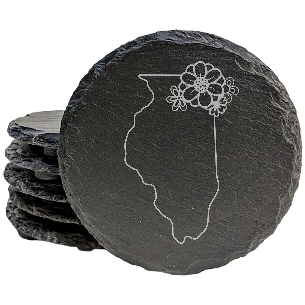 Coasters Set of 4 - Illinois State Outline Design with Flower, 4" Round ...