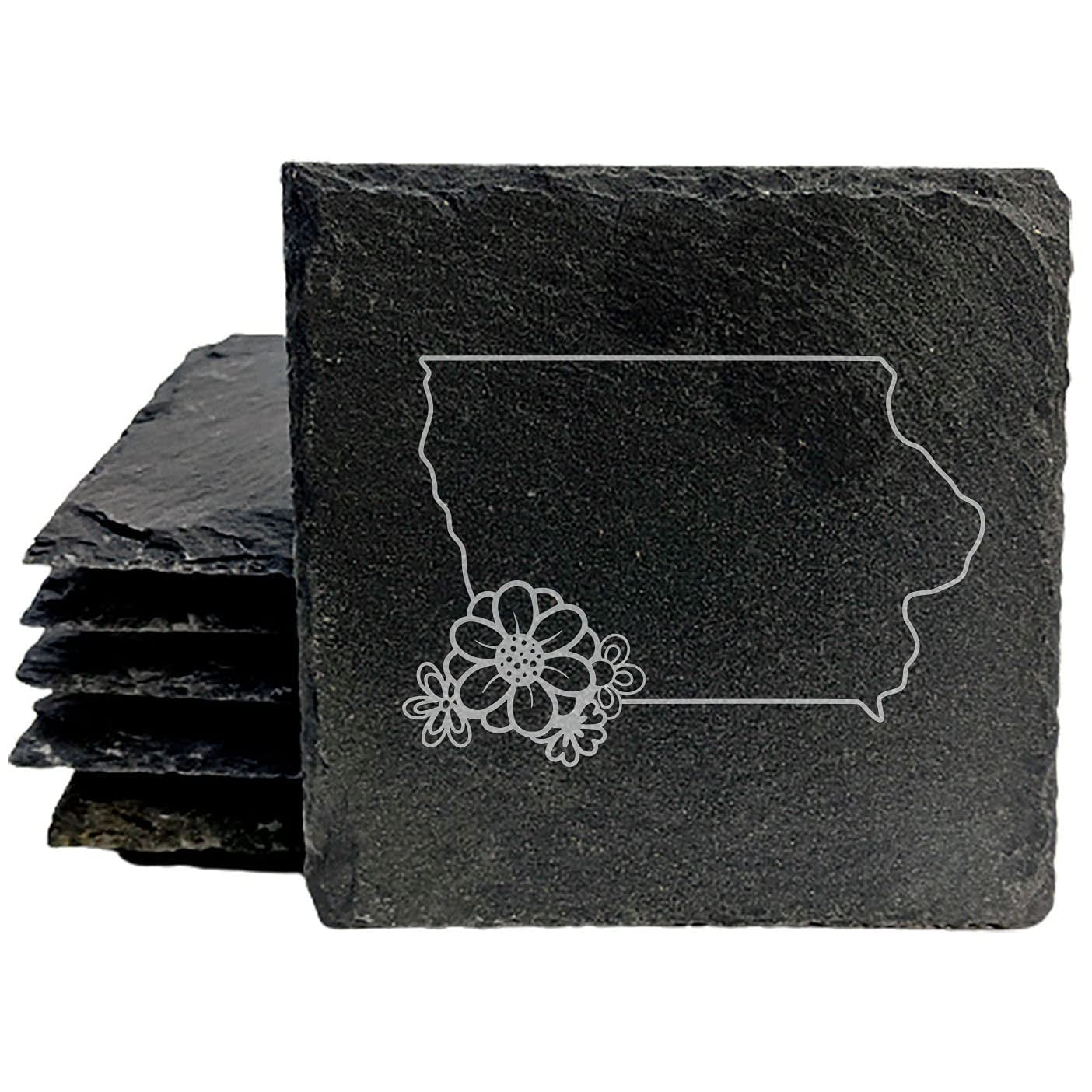 Coasters Set of 4 - Iowa State Outline with Flower Design, 4" Round ...