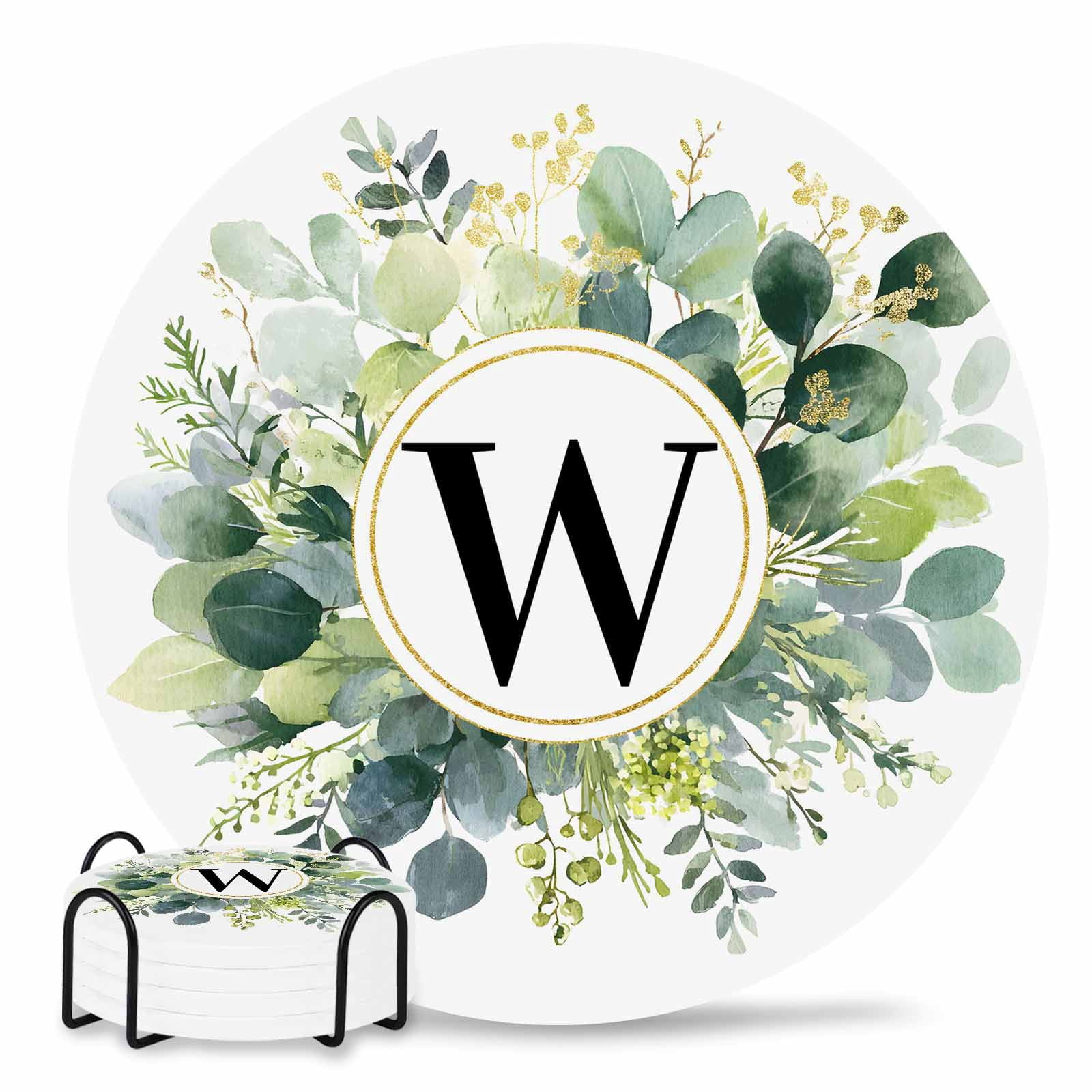 Coasters Set of 4 Letter W Drink Coasters with Holder Absorbent Stone ...