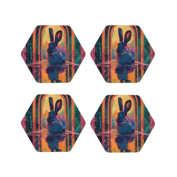 Coasters Set of 4 - Neon Rabbit In Archway Drink Coasters for Tabletop ...
