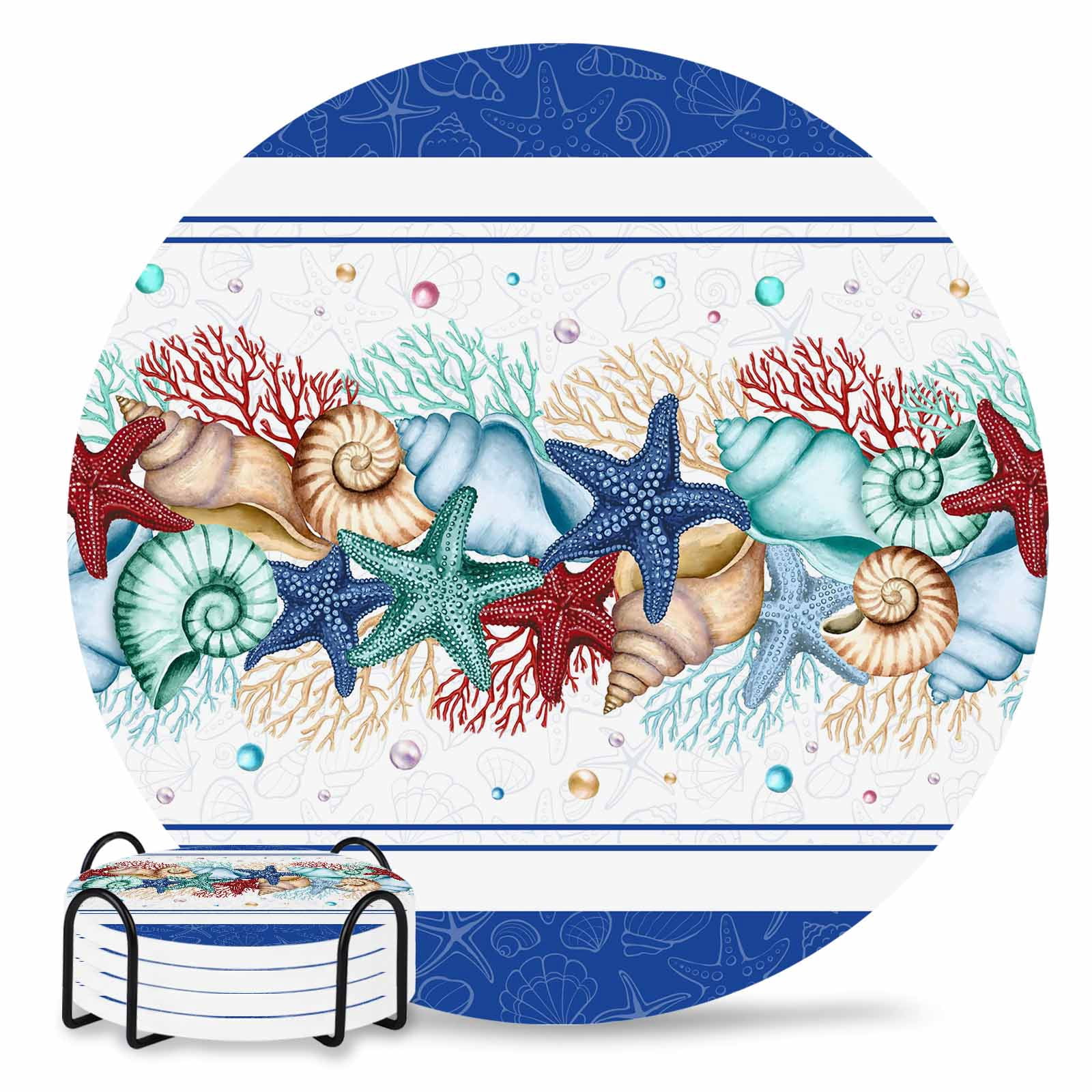 Coasters Set of 4 Ocean Coral Starfish Conch Drink Coasters with Holder ...