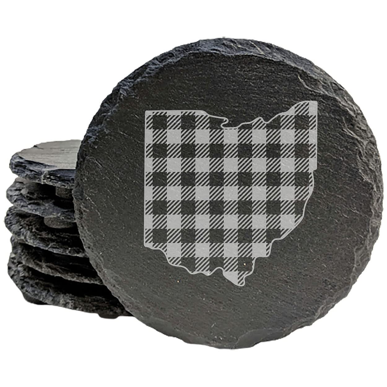 Coasters Set of 4, Ohio Plaid Design, 4" Round, Natural Chipped Edge ...