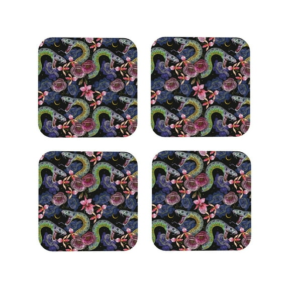 Coasters Set of 4 - Painted Funny Cool Snake Flower Drink Coasters for ...