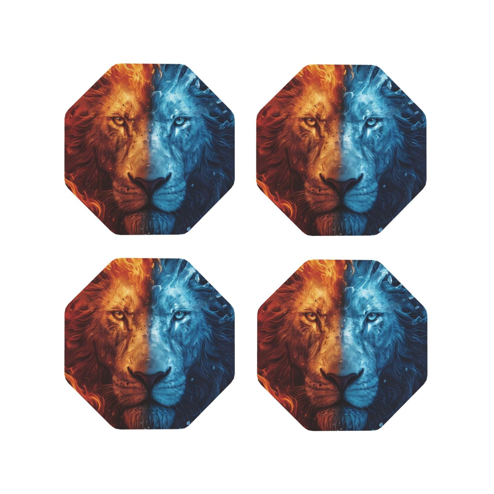 Coasters Set of 4 - Red and Blue Fire Lion Drink Coasters for Tabletop ...