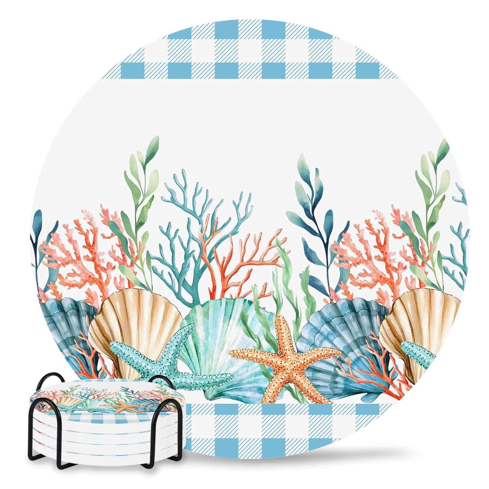 Coasters Set of 4 Shell Starfish Drink Coasters with Holder Absorbent ...