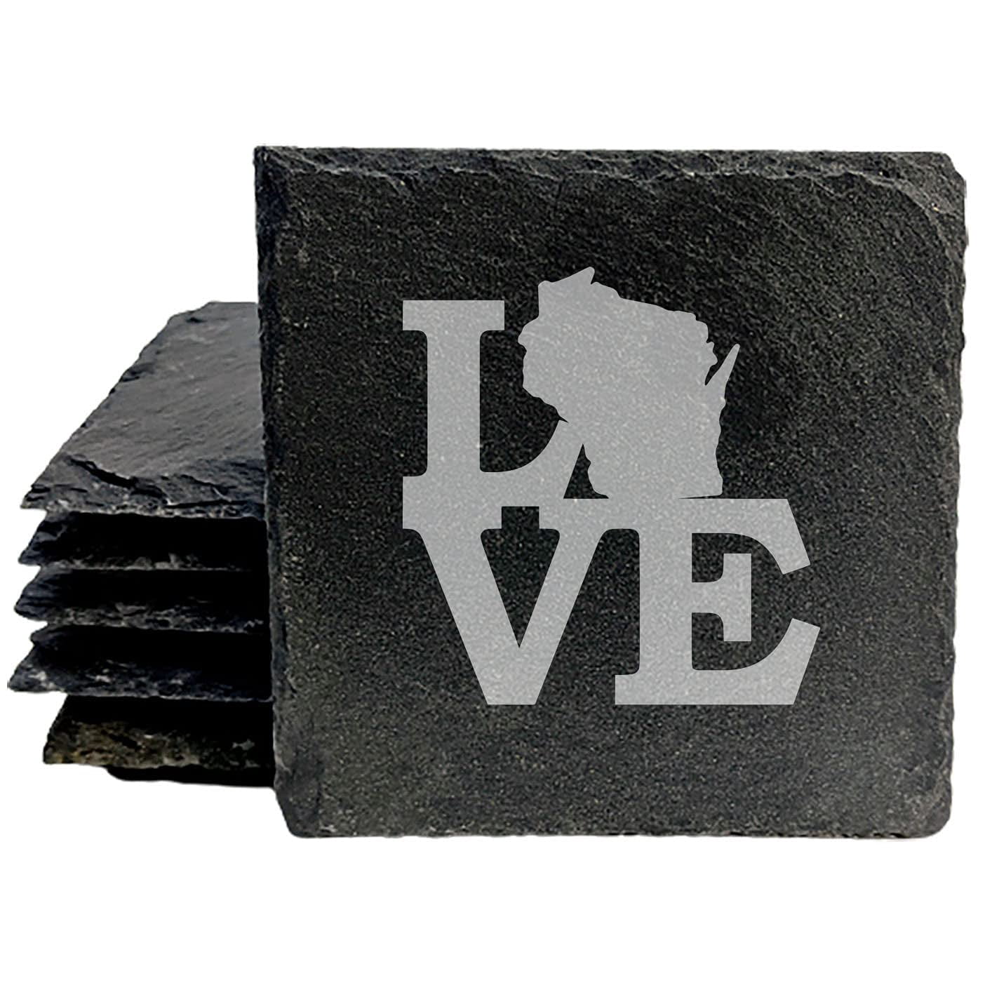 Coasters Set of 4, Square 4" with 'LOVE' Wisconsin Design, Natural ...