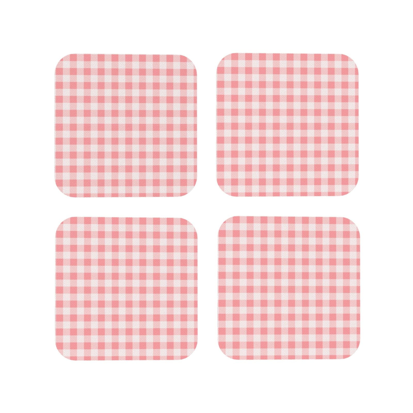 Coasters Set of 4 - Square Pink White Plaid Drink Coasters for Tabletop ...