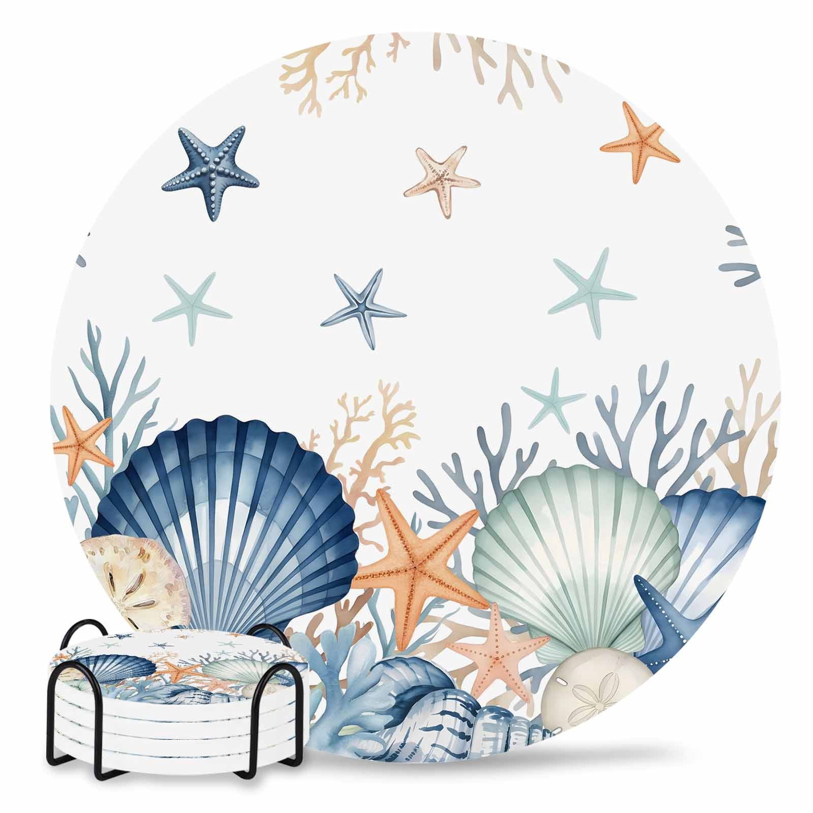 Coasters Set of 4 Starfish Shell Conch Drink Coasters with Holder ...