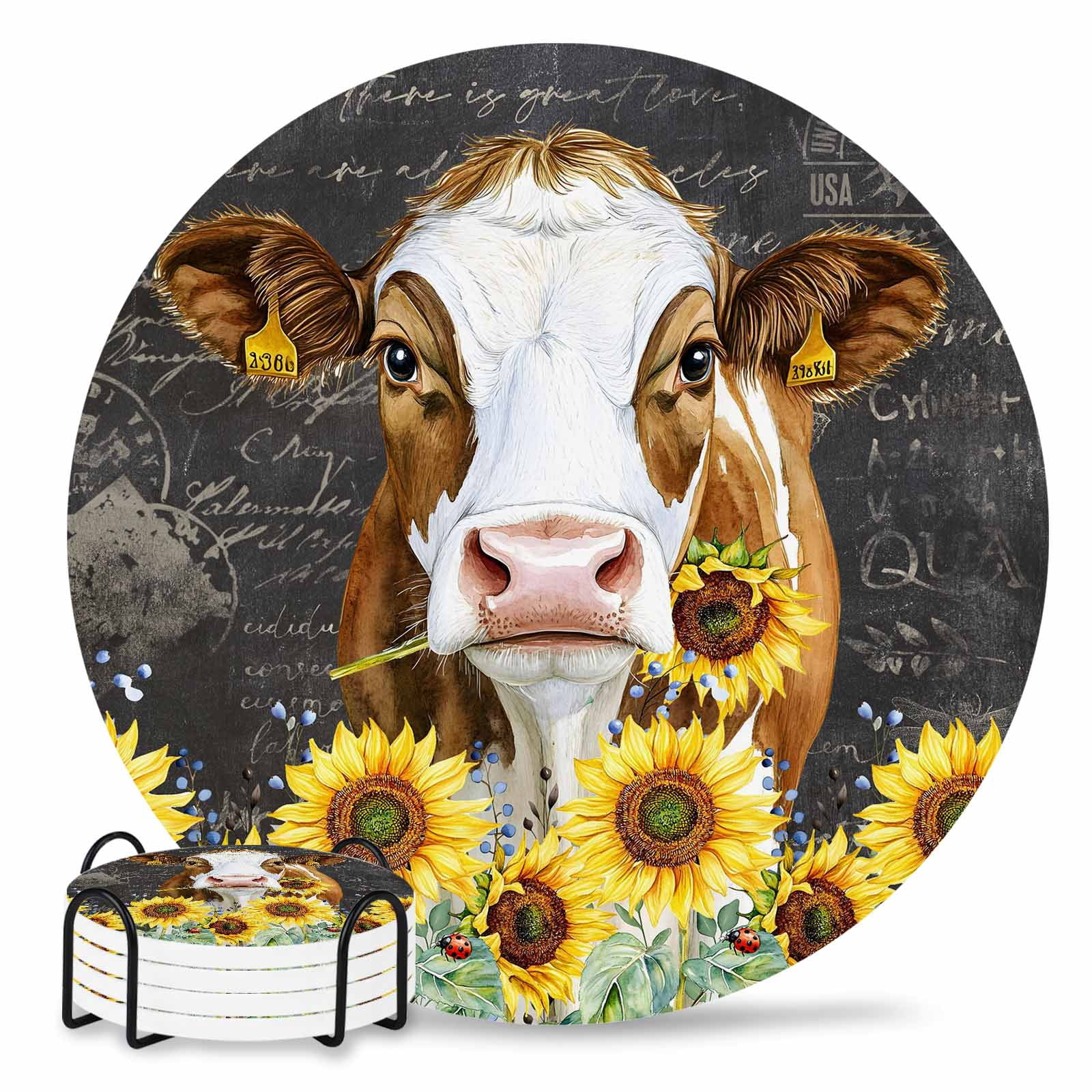 Coasters Set of 4 Sunflower Cow Drink Coasters with Holder Absorbent ...