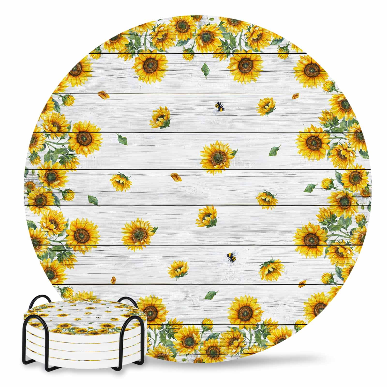 Coasters Set of 4 Sunflower Drink Coasters with Holder Absorbent Stone ...