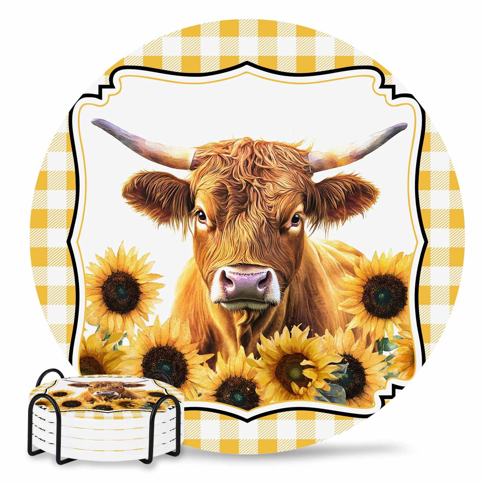 Coasters Set of 4 Sunflower Yak Drink Coasters with Holder Absorbent ...