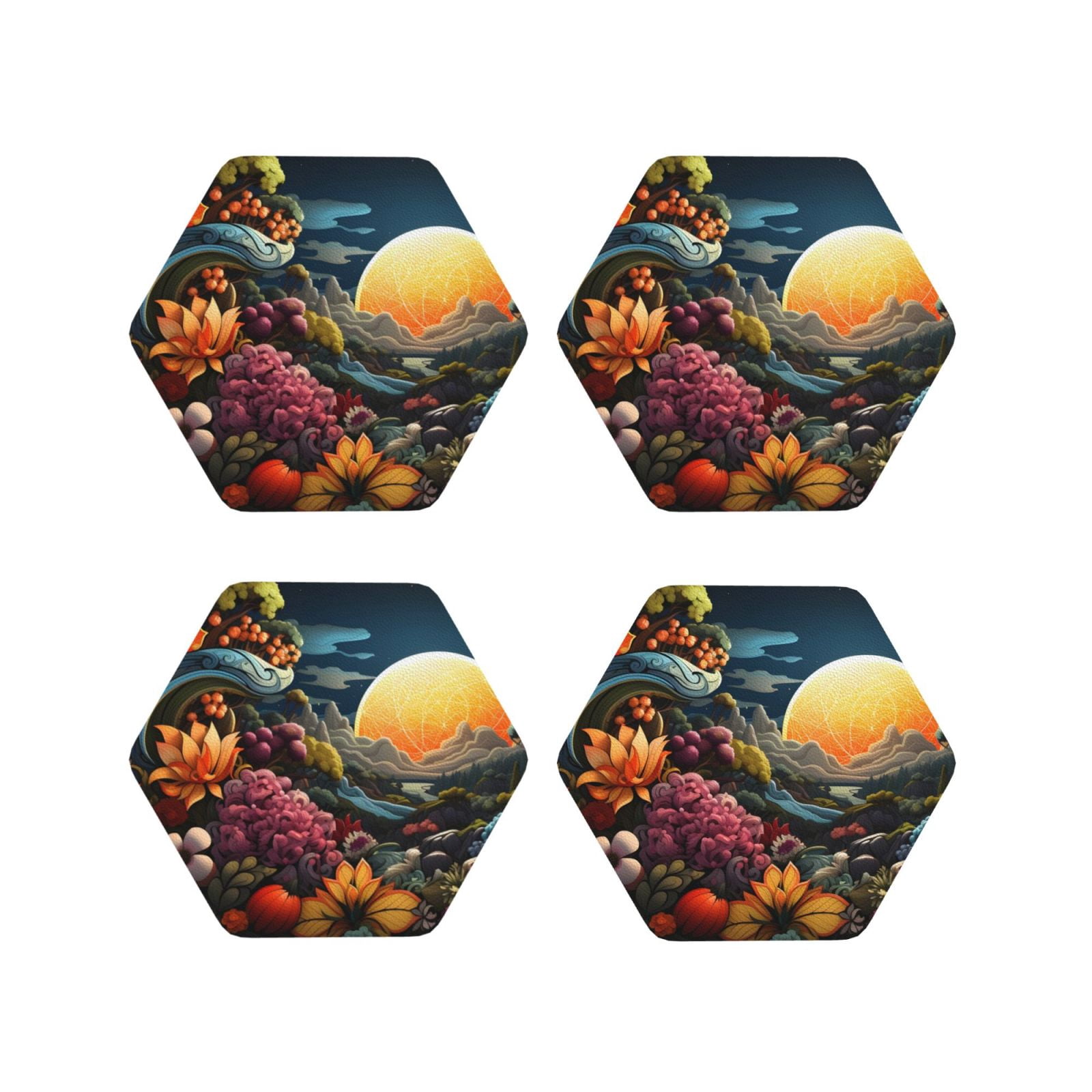 Coasters Set of 4 - Sunset Floral Fantasy Landscape Drink Coasters for ...