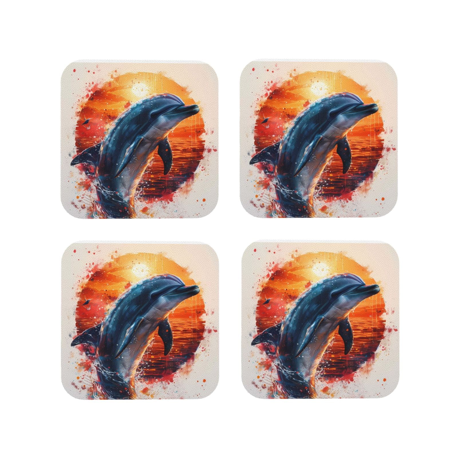 Coasters Set of 4 - Sunset Ocean Watercolor Dolphin Drink Coasters for ...
