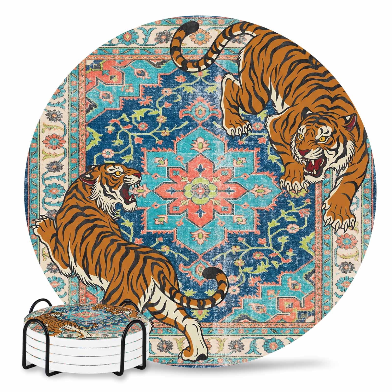 Coasters Set of 4 Teal Blue Boho Tiger Drink Coasters with Holder ...