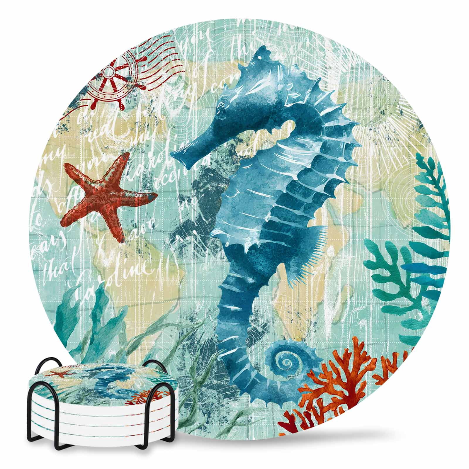 Coasters Set of 4 Teal Seahorse Drink Coasters with Holder Absorbent ...