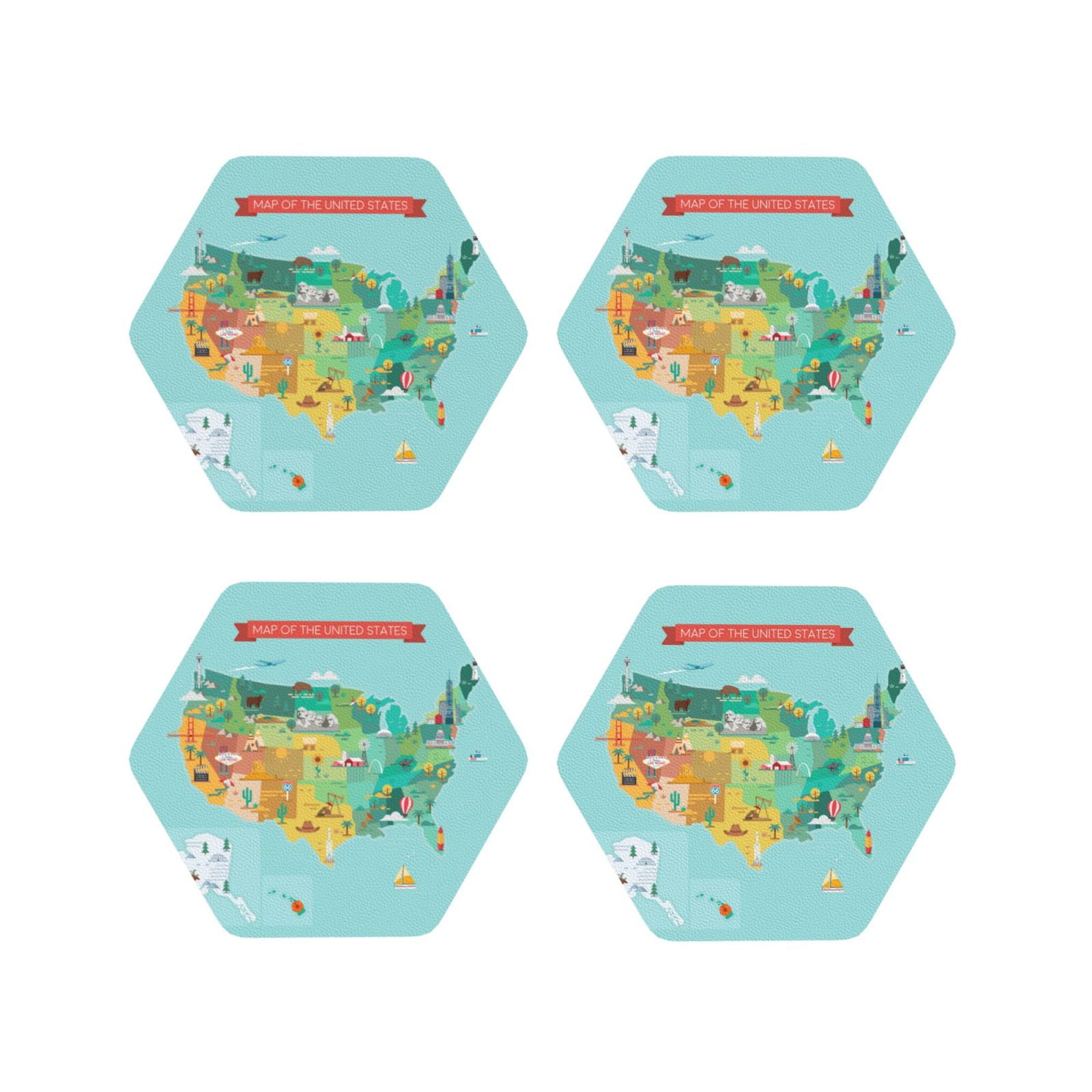 Coasters Set of 4 - USA Tourist Map Famous Landmarks Drink Coasters for ...