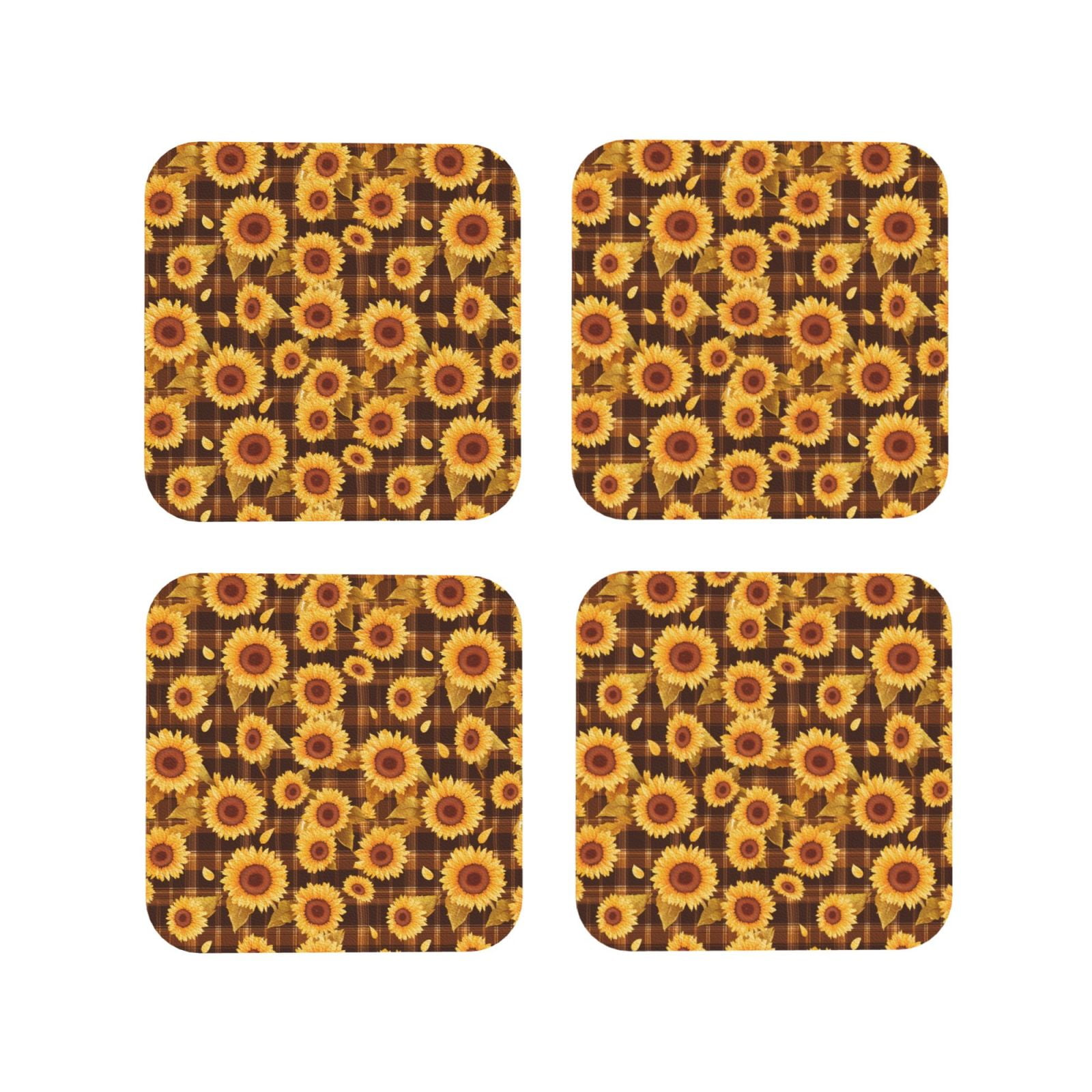 Coasters Set of 4 - Vintage Brown Plaid Sunflower Drink Coasters for ...