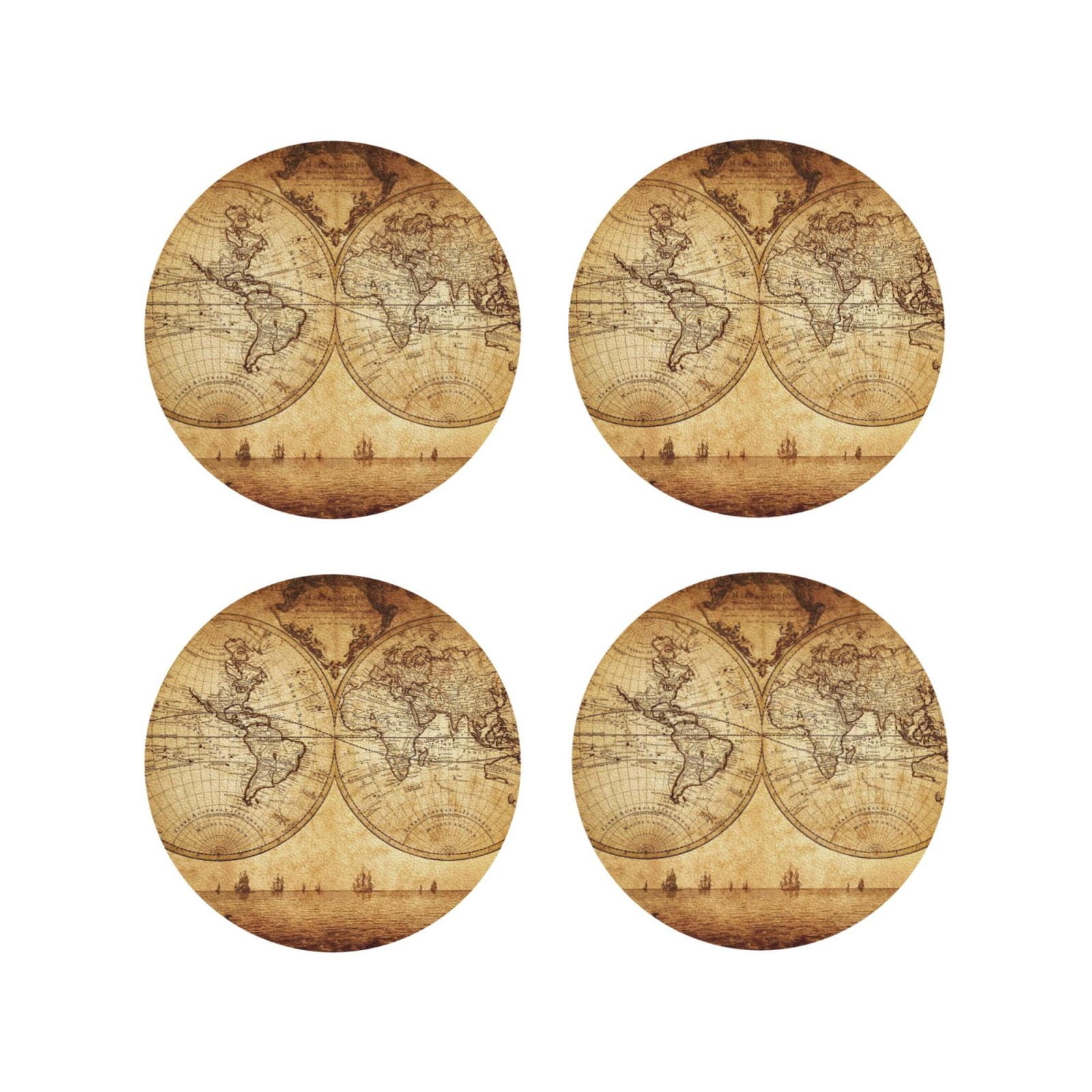 Coasters Set of 4 - Vintage Map Of World Drink Coasters for Tabletop ...