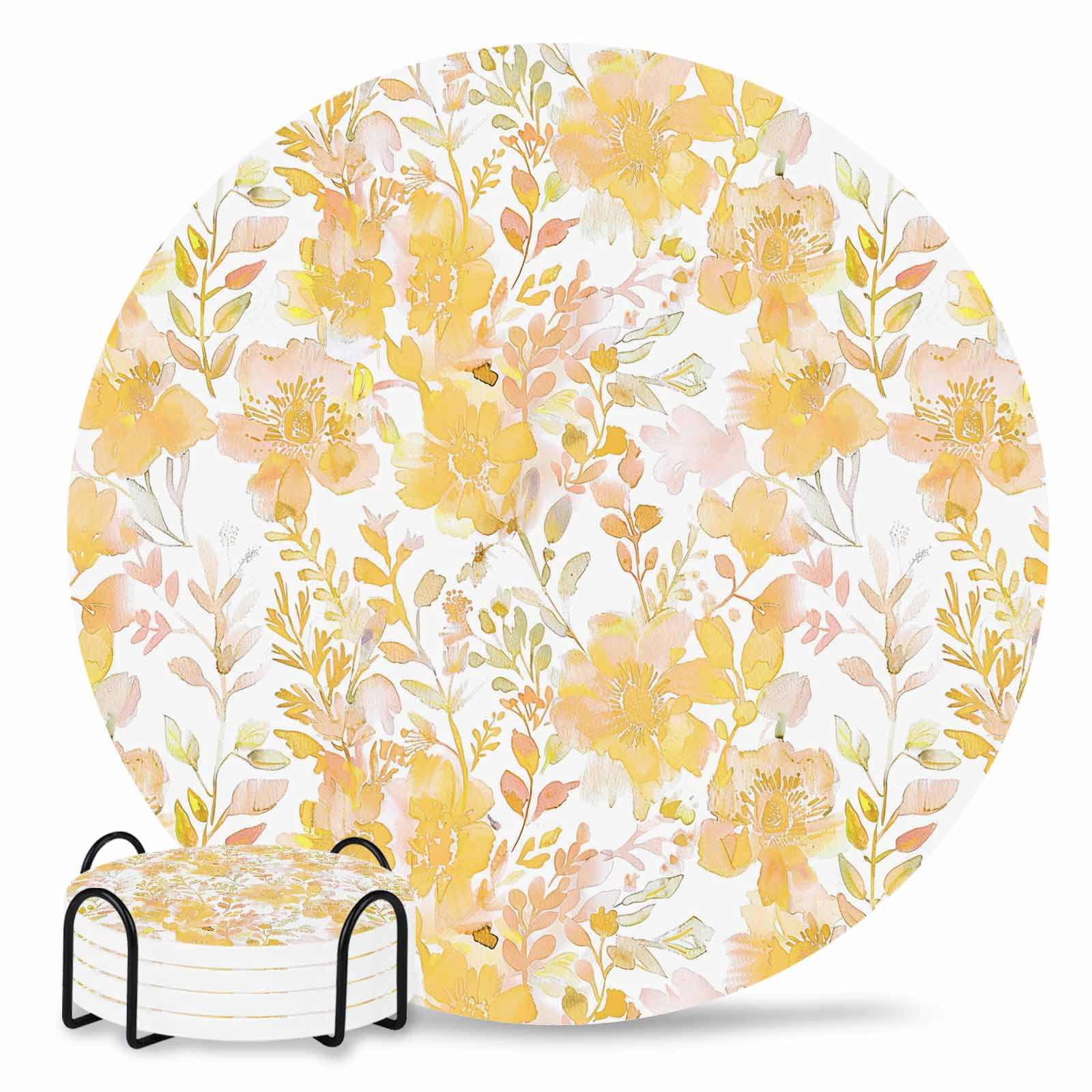 Coasters Set of 4 Watercolor Yellow Flower Drink Coasters with Holder ...