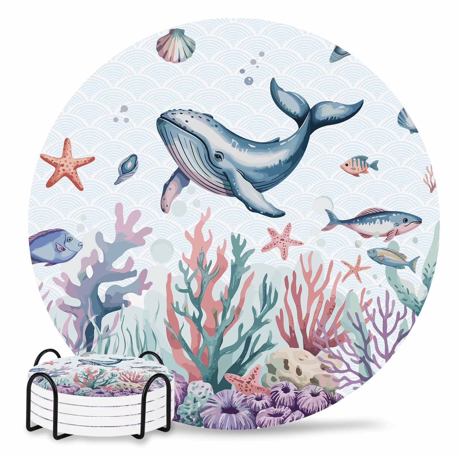 Coasters Set of 4 Whale Coral Starfish Drink Coasters with Holder ...