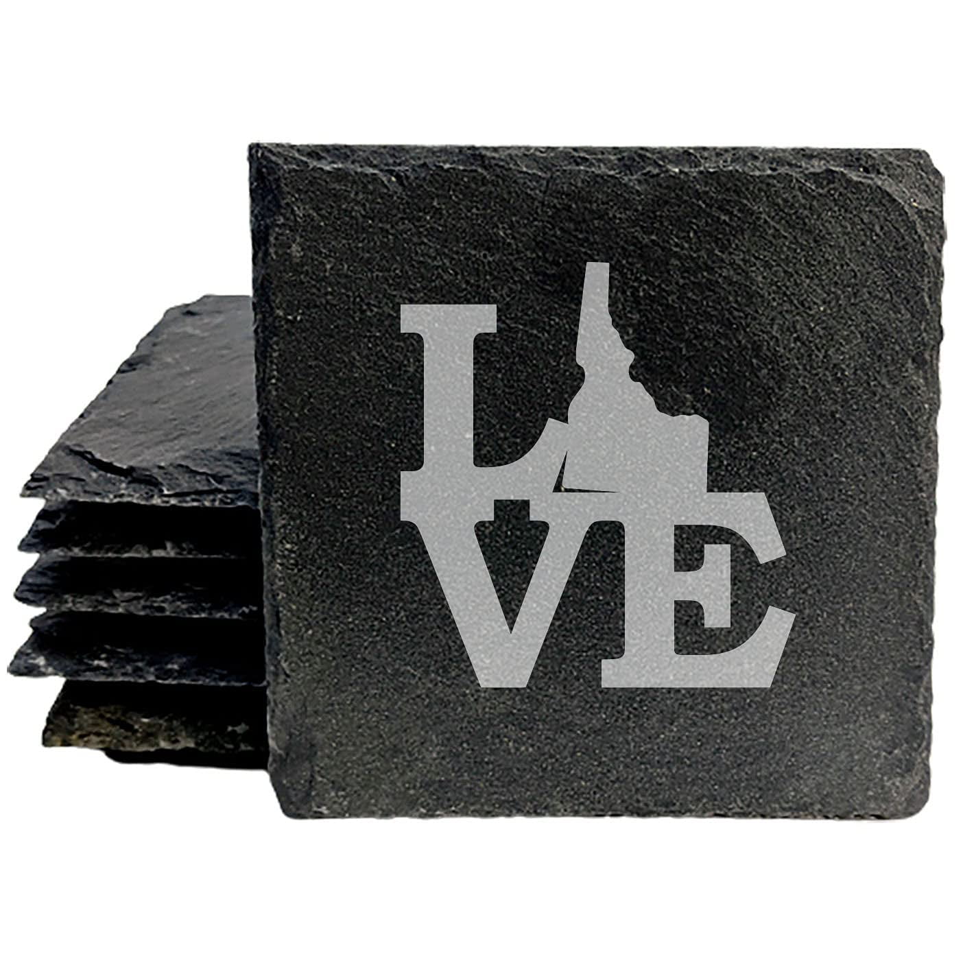 Coasters Set of 5, Square 4" with 'LOVE' Idaho Design, Natural Chipped ...