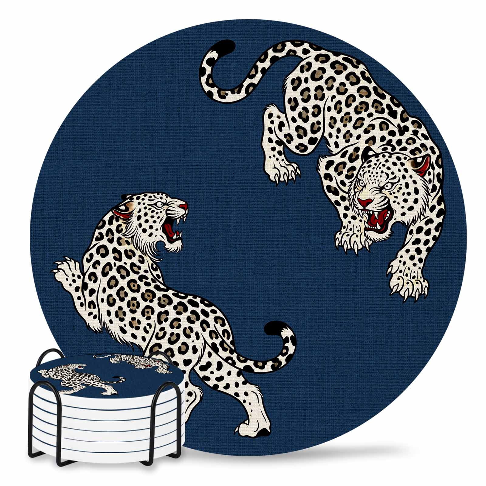 Coasters Set of 6 Blue Leopard Drink Coasters with Holder Absorbent ...