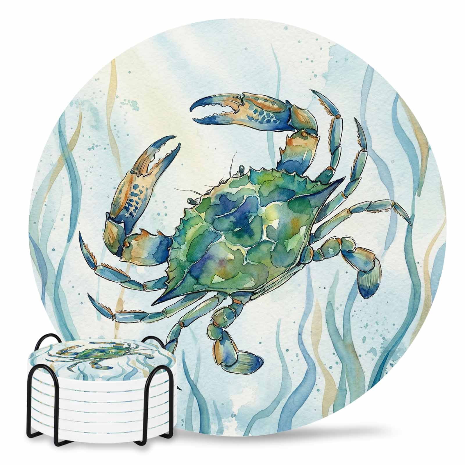 Coasters Set of 6 Crab Drink Coasters with Holder Absorbent Stone ...