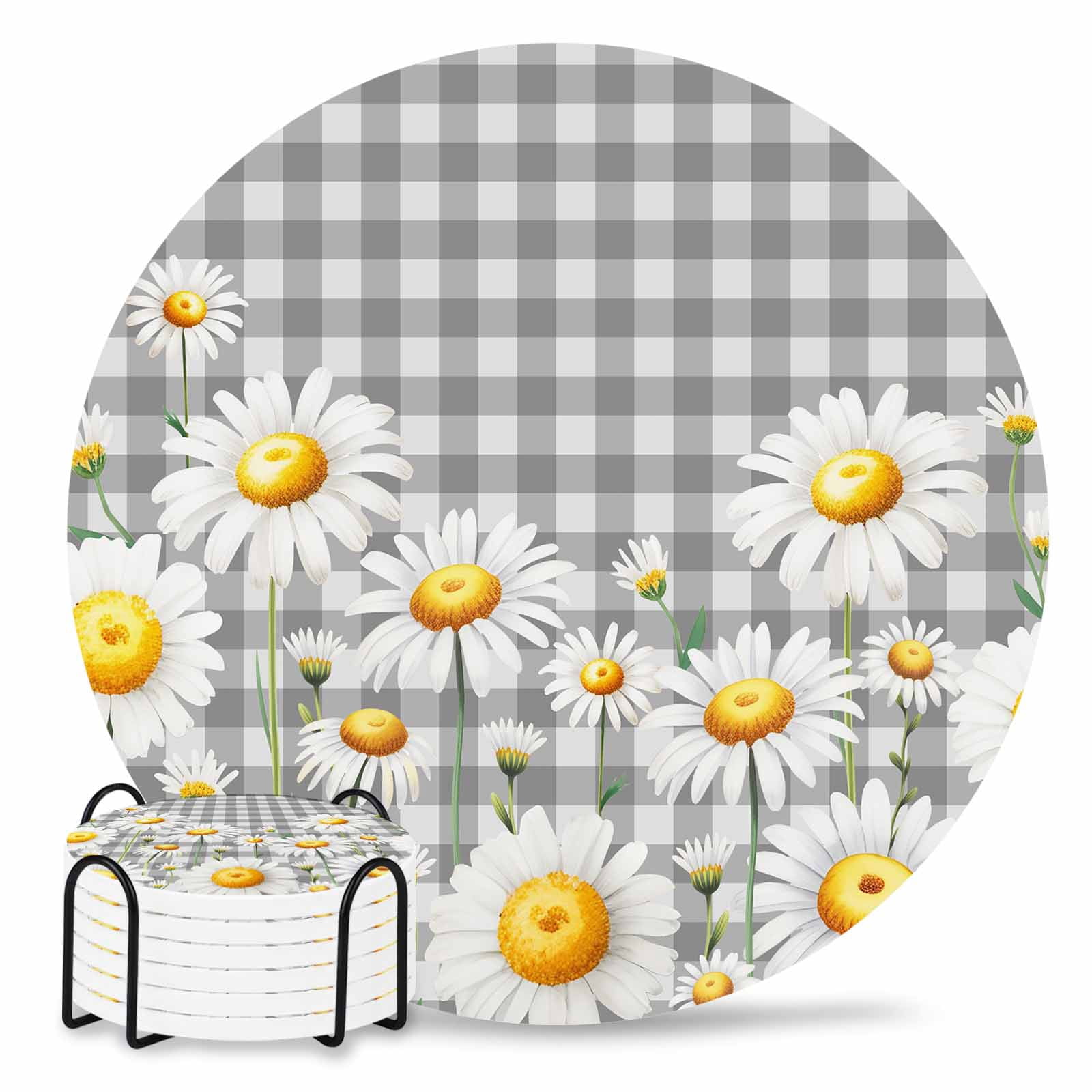 Coasters Set of 6 Daisy Floral Drink Coasters with Holder Absorbent ...