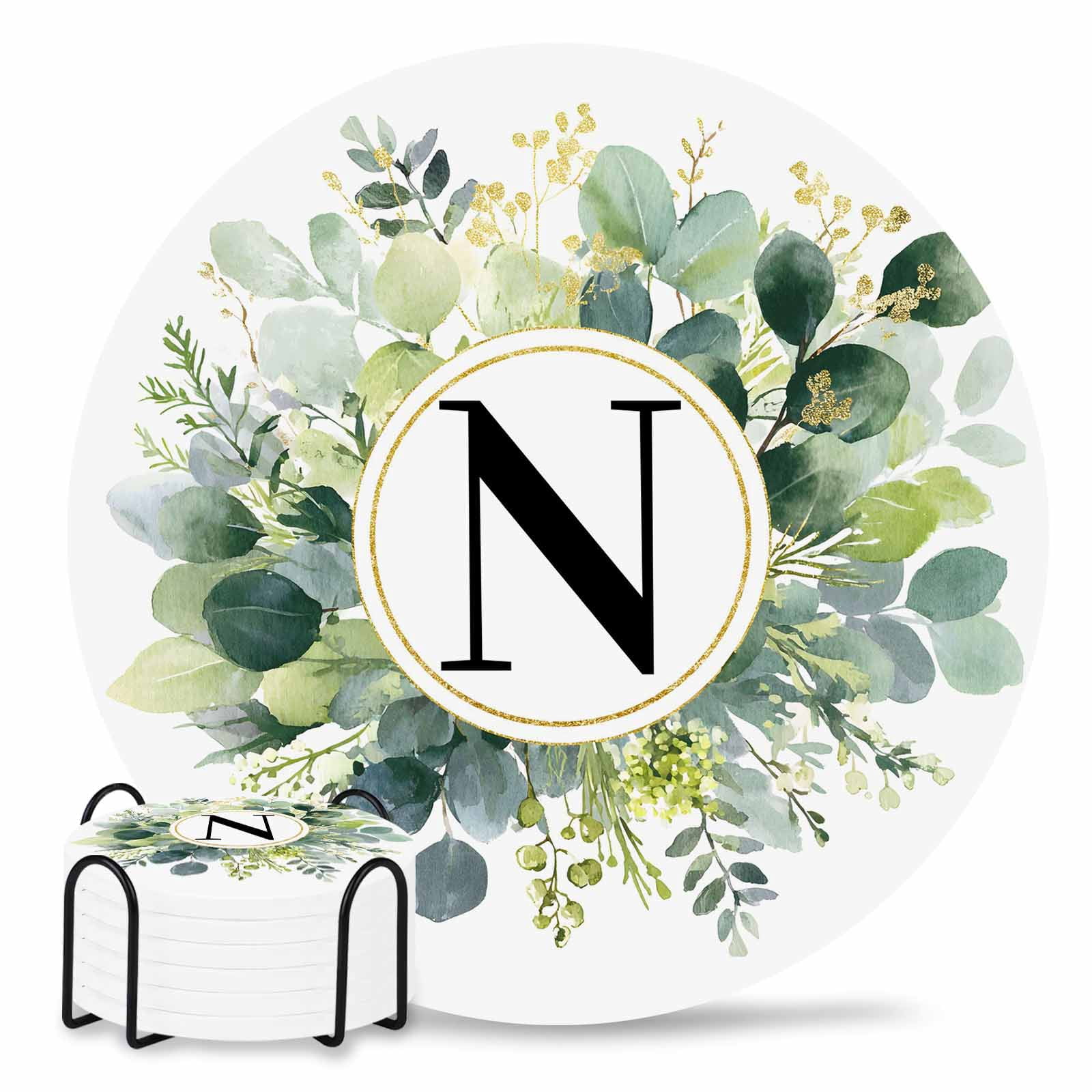 Coasters Set of 6 Letter N Drink Coasters with Holder Absorbent Stone ...