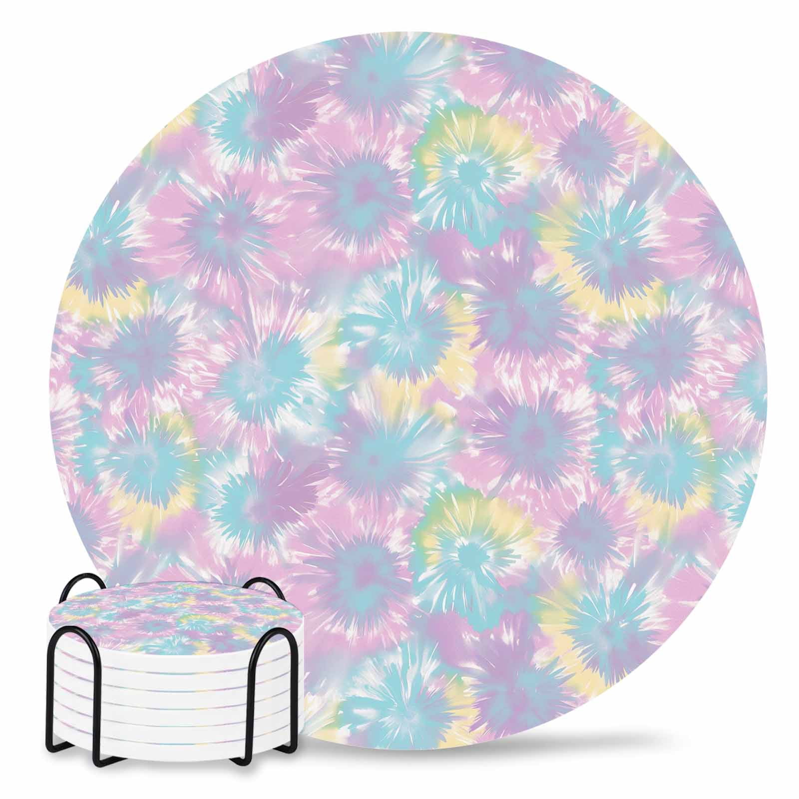 Coasters Set of 6 Multicolor Tie Dye Drink Coasters with Holder ...