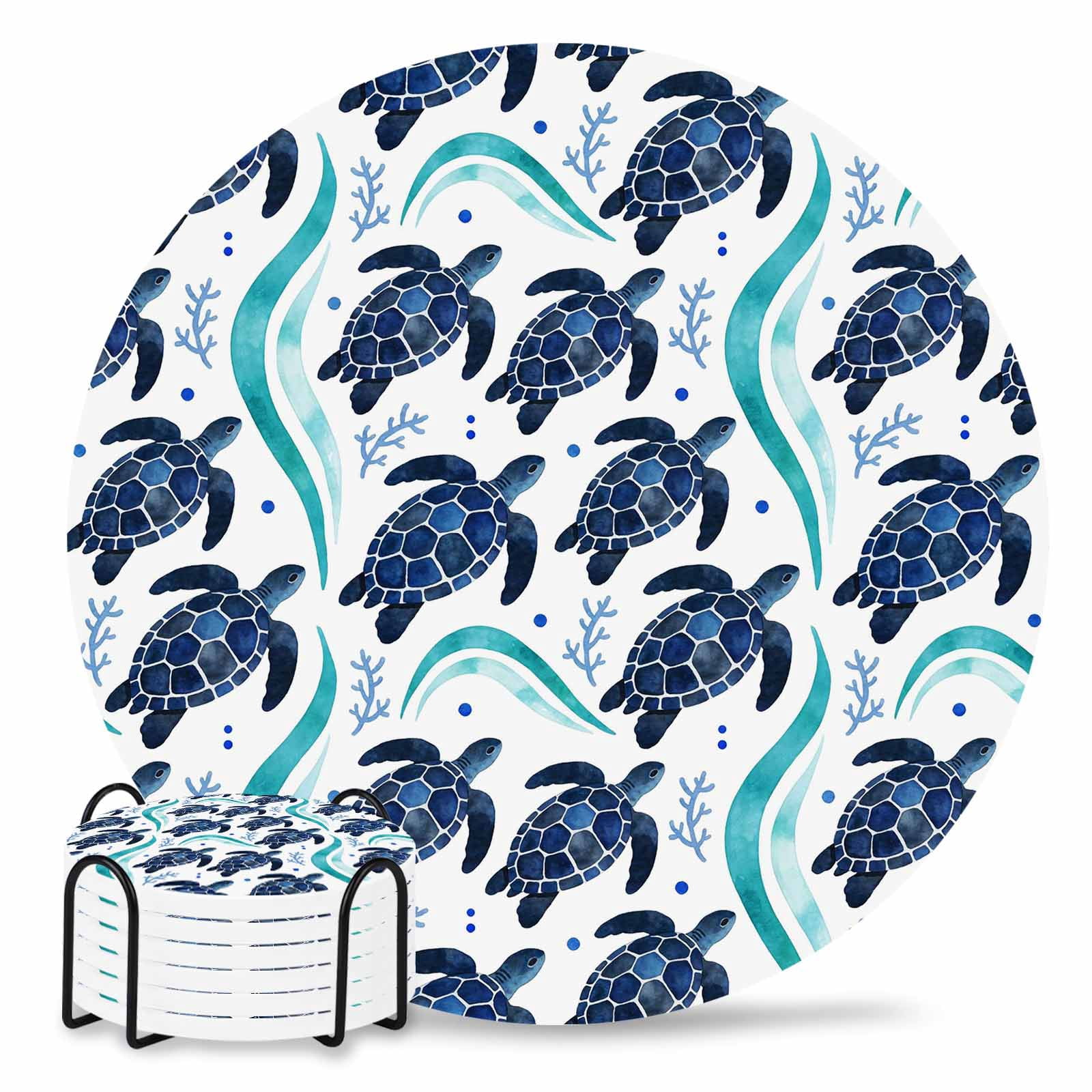 Coasters Set of 6 Navy Blue Sea Turtle Drink Coasters with Holder ...