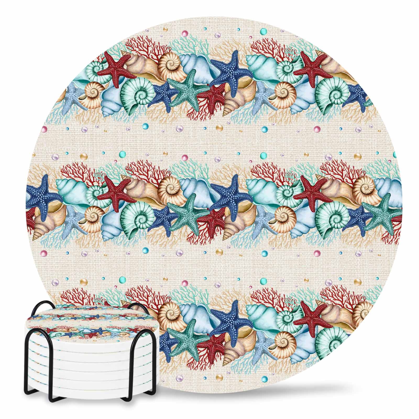 Coasters Set of 6 Ocean Coral Starfish Conch Drink Coasters with Holder ...