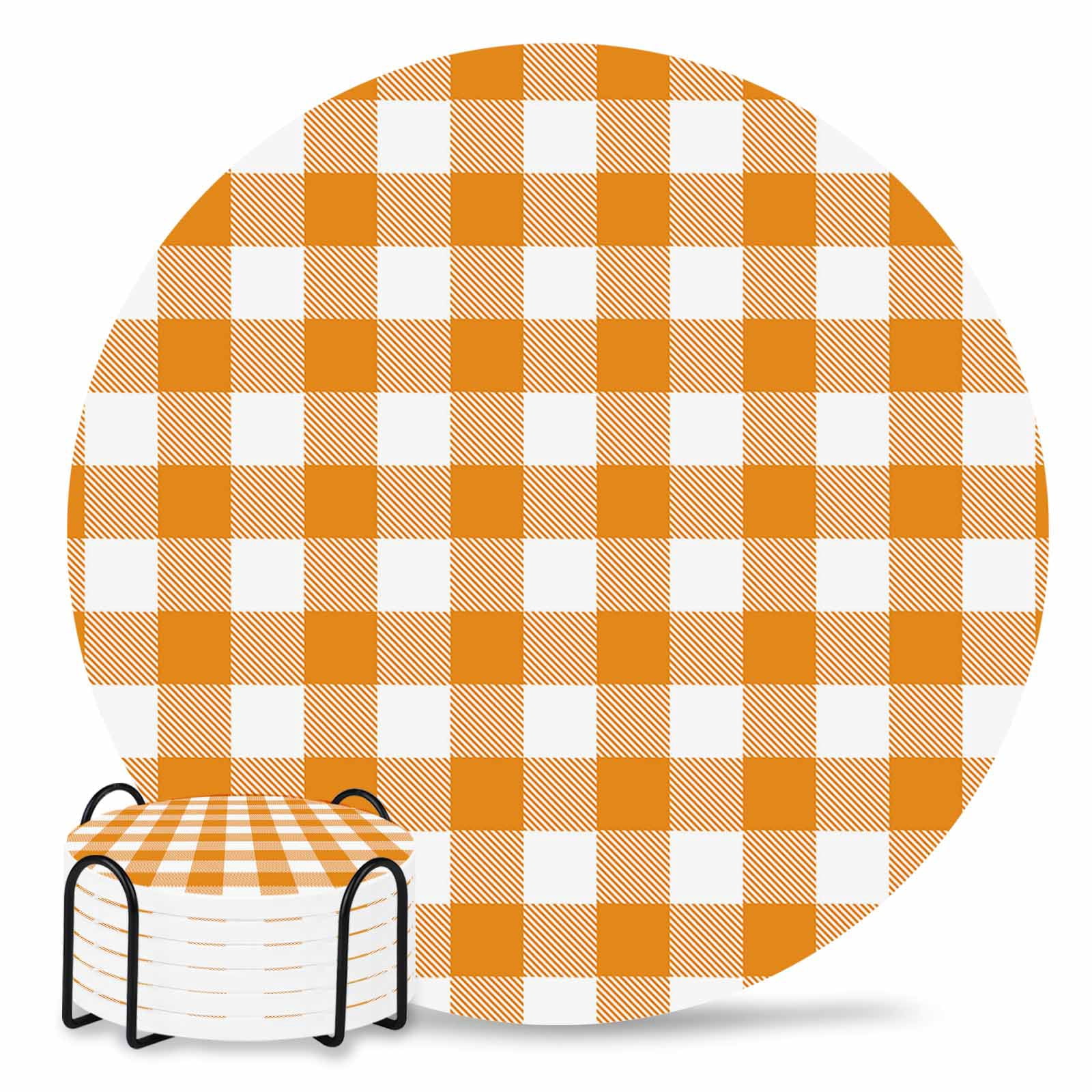 Coasters Set of 6 Orange Buffalo Check Plaid Drink Coasters with Holder ...