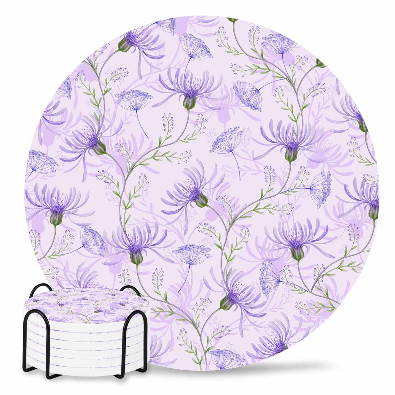Coasters Set of 6 Purple Flower Drink Coasters with Holder Absorbent ...