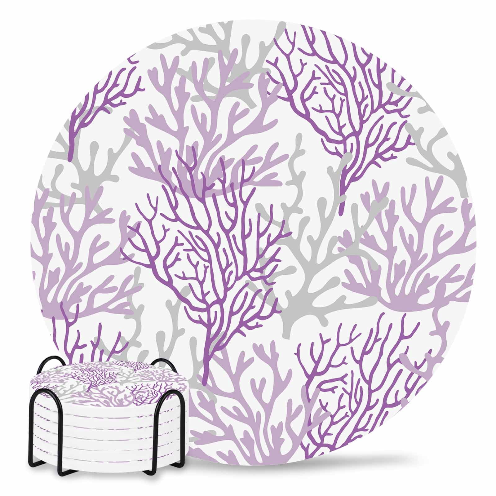 Coasters Set of 6 Purple Grey Ocean Coral Drink Coasters with Holder ...