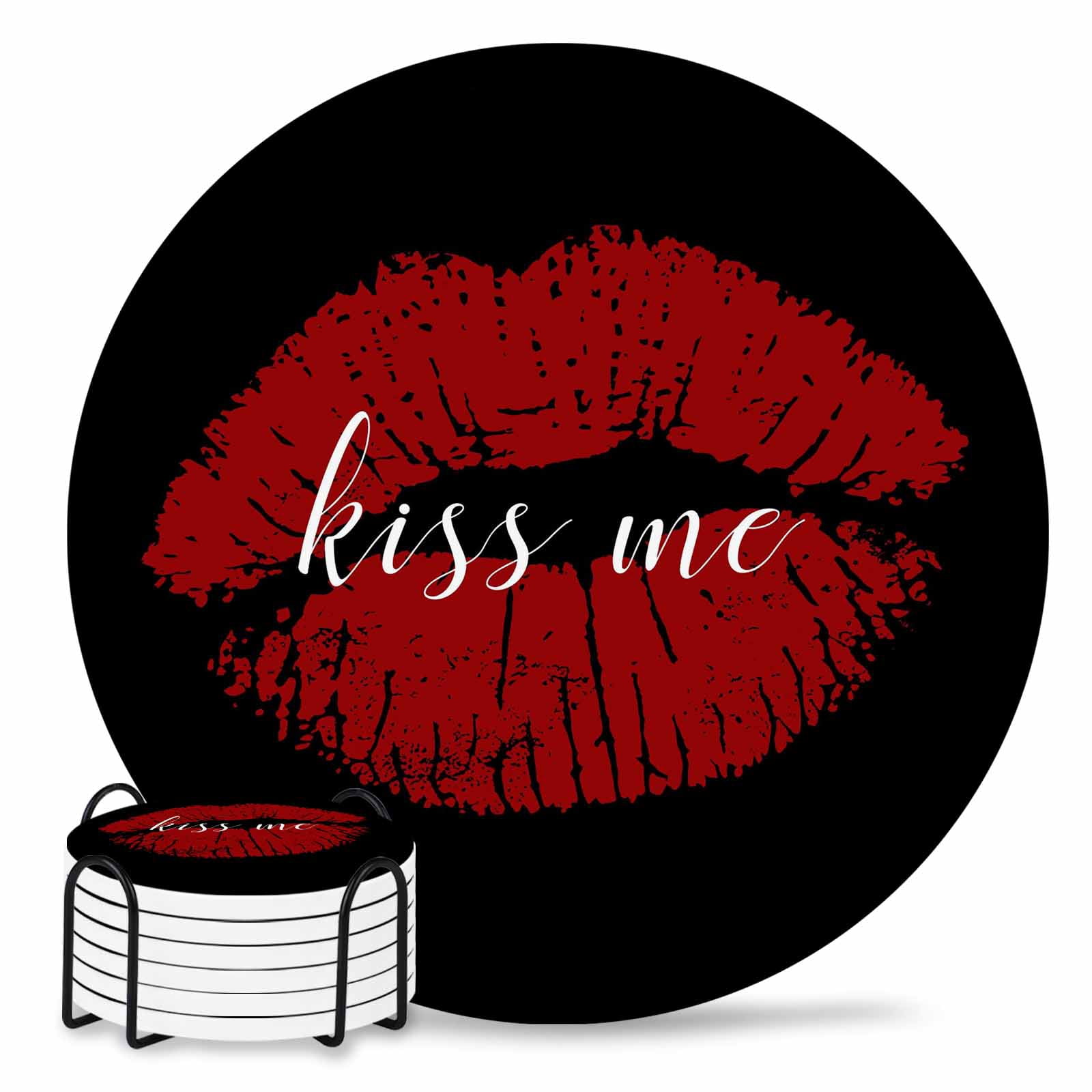 Coasters Set of 6 Red Lipprint Drink Coasters with Holder Absorbent ...