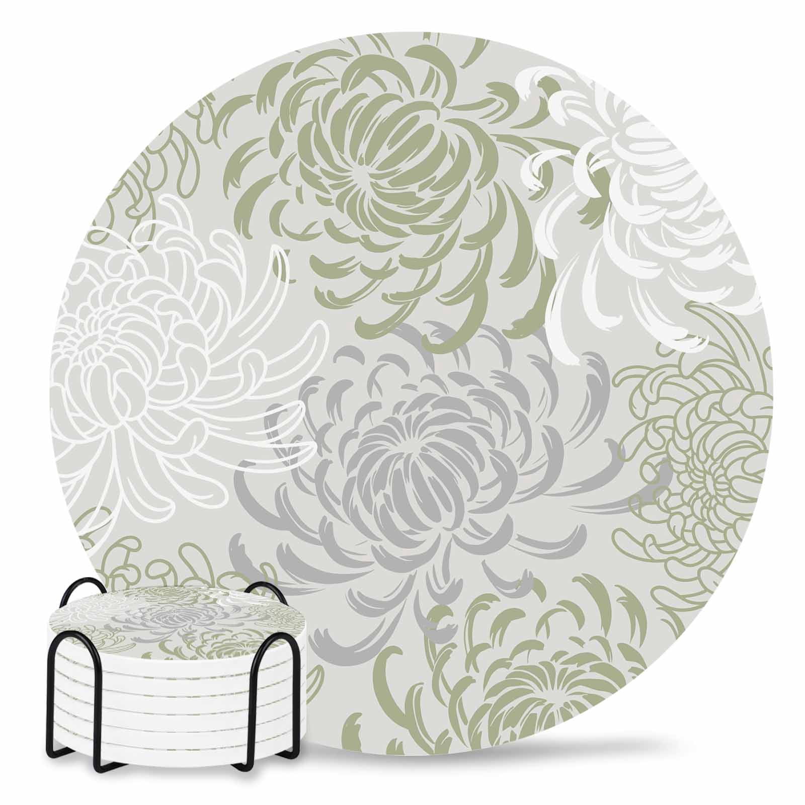 Coasters Set of 6 Sage Green Floral Drink Coasters with Holder ...